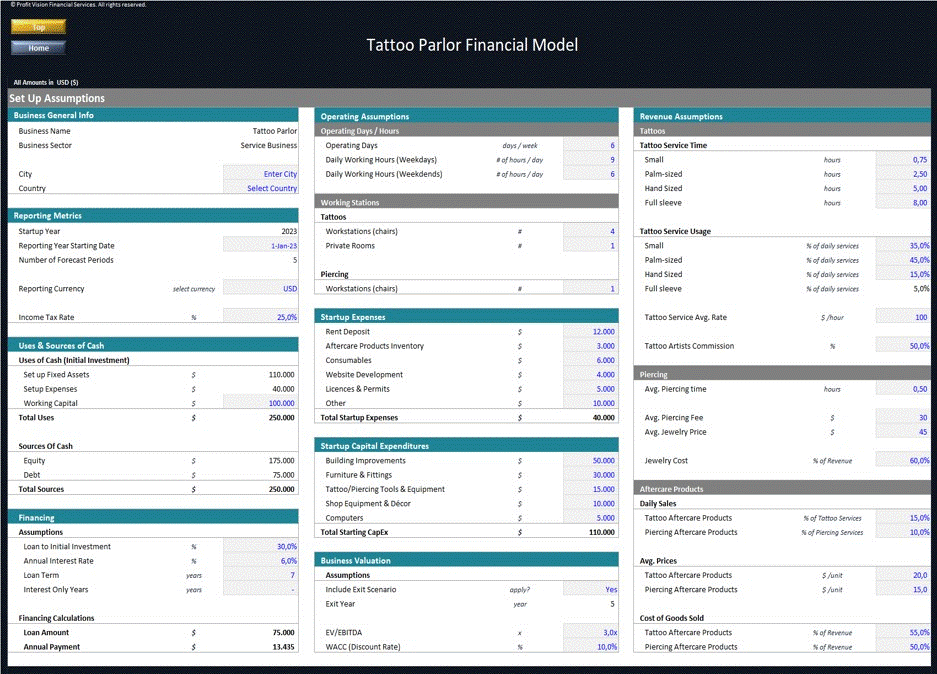 Excel Template: Tattoo Parlor Financial Model - 5 Year Financial Plan ...