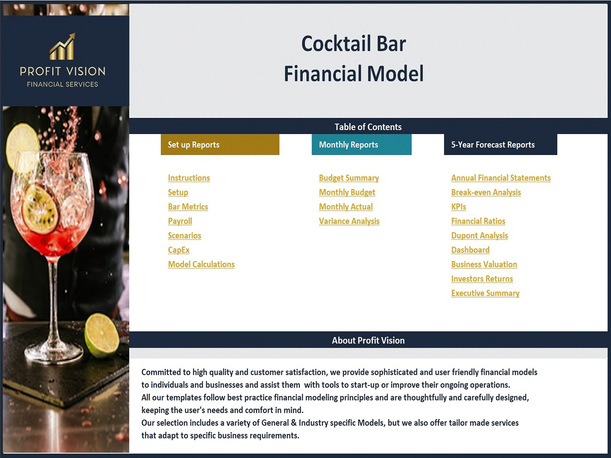 Cocktail Bar – 5 Year Financial Model Template Excel XLS